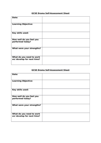 GCSE Drama Self-Assessment sheet | Teaching Resources