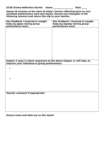GCSE Drama Verbal Feedback Reflection sheet | Teaching Resources