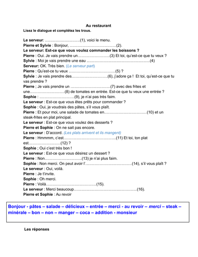 Au restaurant - Dialogue | Teaching Resources