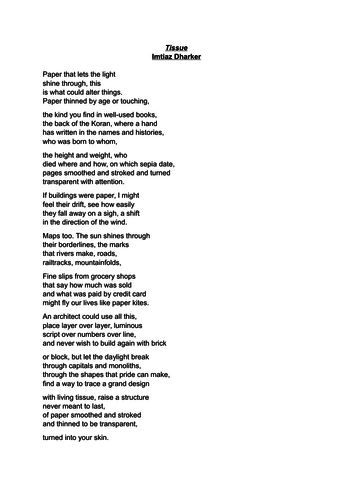 Tissue - Imtiaz Dharker | Teaching Resources