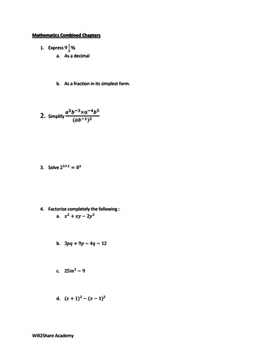 Year 10 Mathematics Combined Chapter Assessment 1 and 2 | Teaching ...