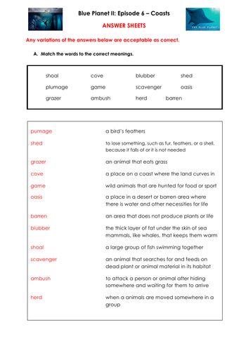 Blue Planet 2, Episode 6 Coasts - Activity Book and Answer Sheets ...
