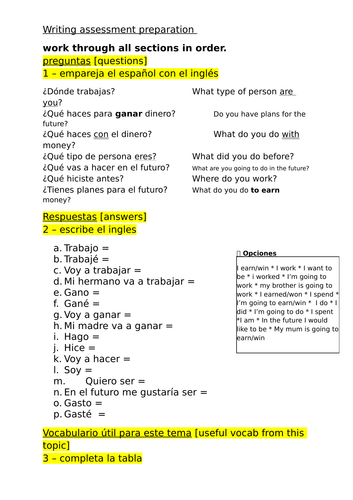 Spanish NEW GCSE - Revision - Writing assessment - Part time jobs ...