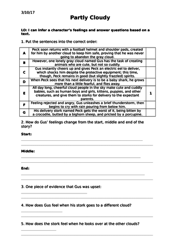 Pixar short video - Partly Cloudy - READING COMPREHENSION KS1/2 ...