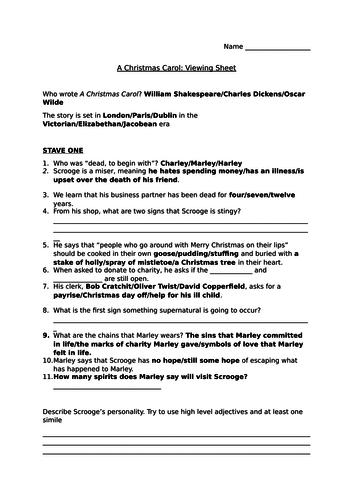 A Christmas Carol viewing support sheet | Teaching Resources
