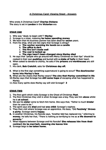 A Christmas Carol viewing support sheet | Teaching Resources
