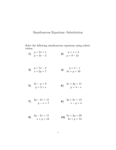 Simultaneous Equations – Substitution worksheet (with solutions ...