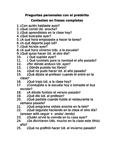 preterite tense personal questions | Teaching Resources