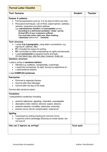 Formal letter of complaint: guided writing template + Checklist (KS3 ...