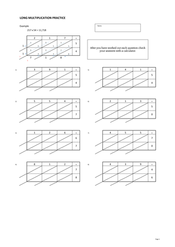 Long Multiplication practice worksheets chinese or lattice method ...