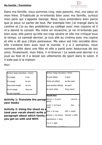 FRENCH "MA FAMILLE" TRANSLATION AND WRITING ACTIVITY WITH VOCAB ...