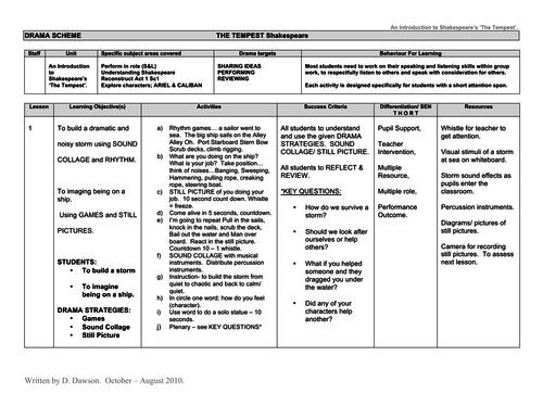 YEAR 8 DRAMA SCHEME. THE TEMPEST - Shakespeare | Teaching Resources