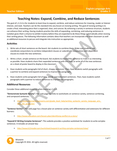 Expand, Combine, & Reduce Sentences - Playlist and Teaching Notes ...