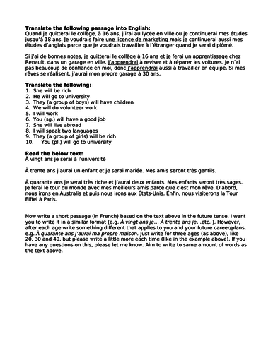 French future tense; future plans and jobs | Teaching Resources
