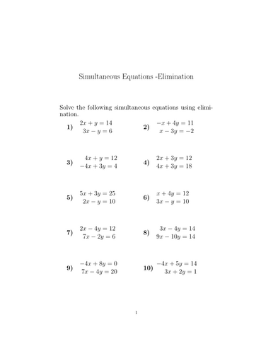 Simultaneous Equations – Elimination worksheet (with solutions ...
