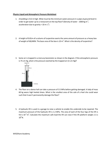 FREE : Liquid Pressure and Atmospheric Pressure Worksheet | Teaching ...
