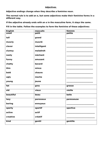 describing people adjectives masculine and feminine | Teaching Resources