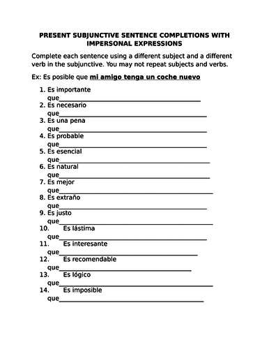 present subjunctive impersonal expressions sentence completions ...