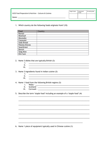 GCSE FOOD PREP - Cultures & Cuisines ASSESSMENT | Teaching Resources