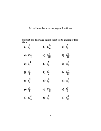 Mixed numbers to improper fractions worksheet (with solutions ...