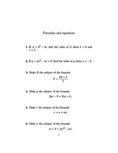 Formulae and equations worksheet (with solutions) | Teaching Resources