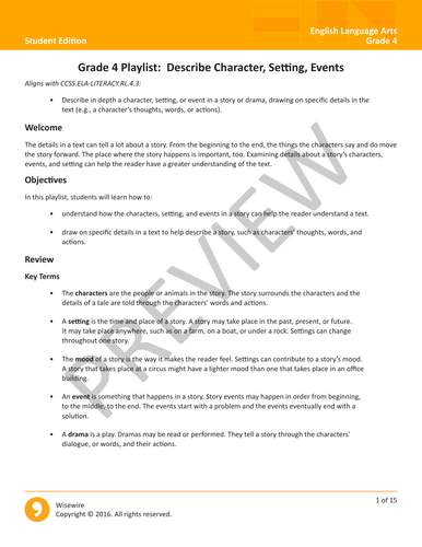 Describe Character, Setting, and Events - Playlist and Teaching Notes ...