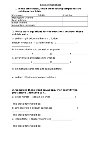 soluble and insoluble salts worksheet and answers | Teaching Resources