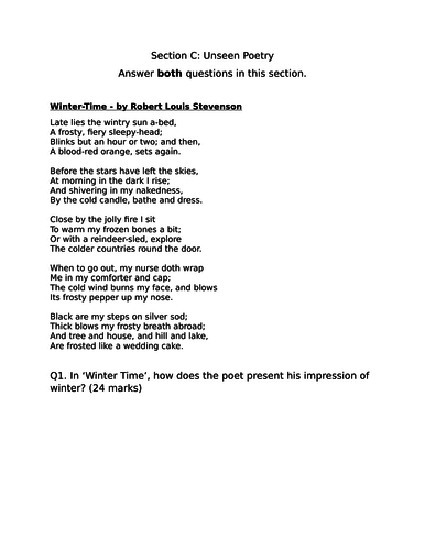 Two GCSE Literature AQA style Unseen Poetry mock exams- winter theme ...