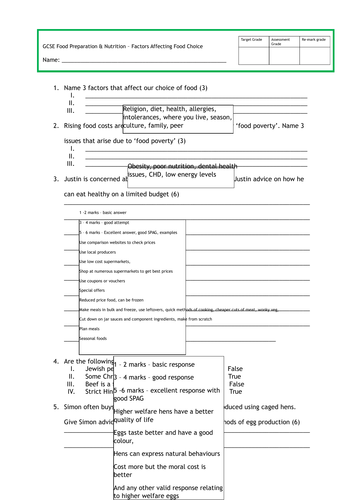 GCSE FOOD PREP - Factors affecting food choice - ASSESSMENT | Teaching ...