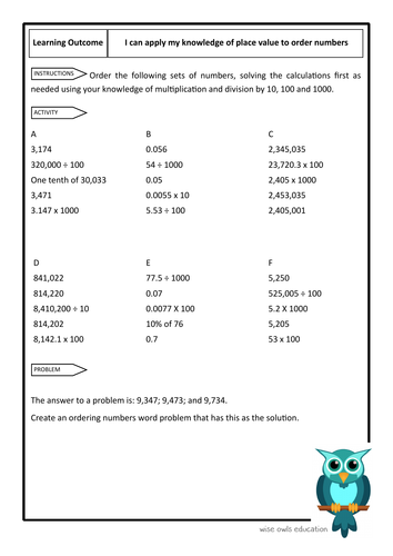 Order numbers using place value multiplication/division 10 100 1000 ... Order numbers using place value multiplication/division 10 100 1000 ...