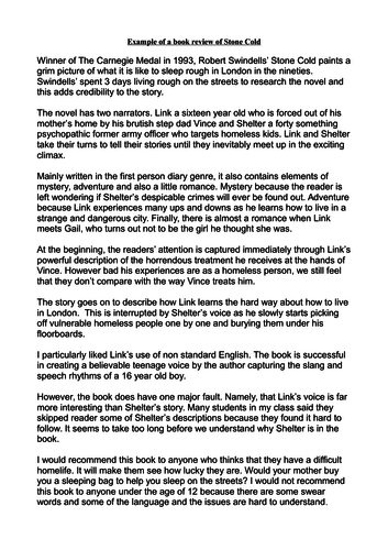 Stone Cold Book Review Model example Robert Swindells | Teaching Resources