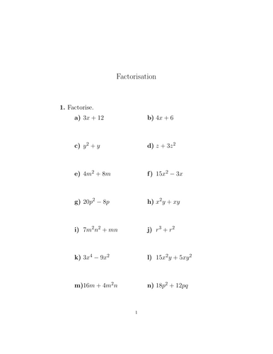 Factorisation worksheet (with solutions) | Teaching Resources