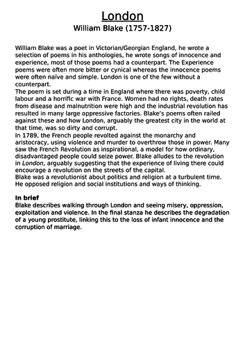 London - GCSE Poetry revision notes (Power and Conflict anthology ...