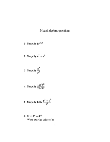 Mixed algebra questions worksheet (with solutions) | Teaching Resources