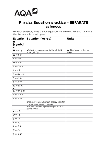 Physics GCSE (9-1 AQA) equations, units, and prefixes | Teaching Resources Physics GCSE (9-1 AQA) equations, units, and prefixes | Teaching Resources