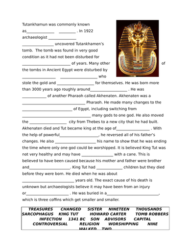 Tutunkhamun/ Ancient Egypt - Differentiated worksheet including answers ...