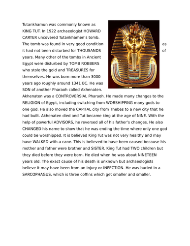 Tutunkhamun/ Ancient Egypt - Differentiated worksheet including answers ...