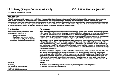 Full unit plan: Songs of Ourselves (Cambridge IGCSE) | Teaching Resources