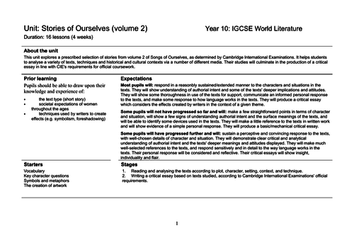 Full unit plan: Stories of Ourselves (Cambridge IGCSE) | Teaching Resources