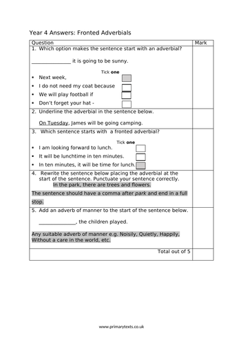 Year 4 Fronted Adverbials: PPT Lesson and Assessment | Teaching Resources