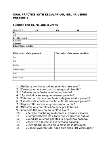 preterite tense oral practice with regular verbs | Teaching Resources