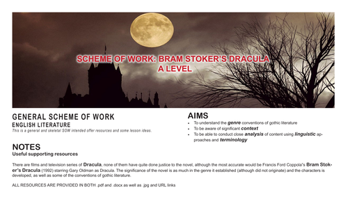 Bram Stoker's Dracula: Scheme of Work, brief lesson plans, activities ...