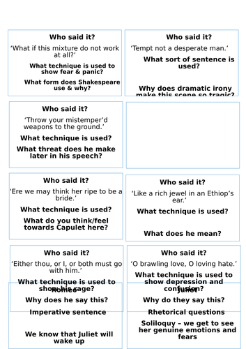 Romeo and Juliet exam revision QUIZ CARDS with answers - retaining ...