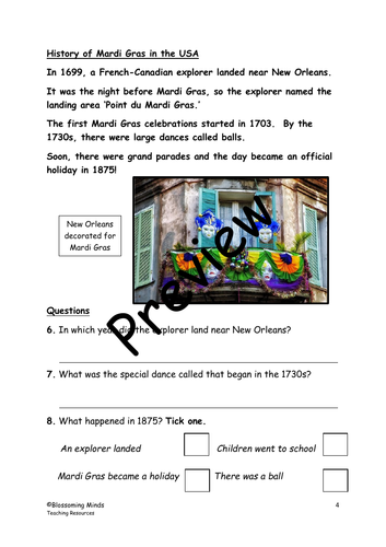 Mardi Gras comprehension - Year 2 SATs style | Teaching Resources
