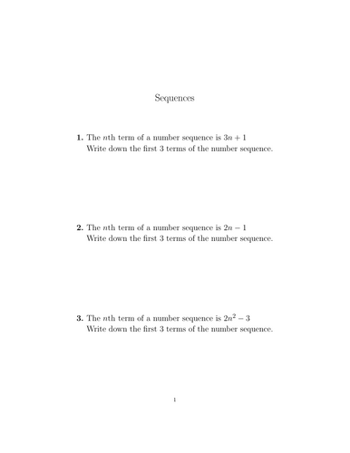 Sequences (generating sequences and finding the nth term) worksheet ...