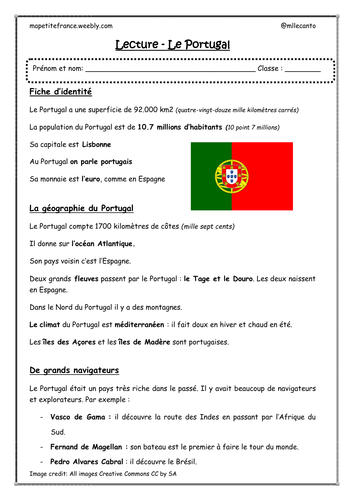 Reading comprenhension worksheet "Le Portugal" | Teaching Resources