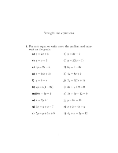 Straight line equations worksheet (with solutions) | Teaching Resources