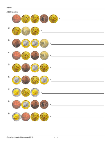 Euro Coins European Worksheets 500 Questions Mathematics Counting KS1 ...