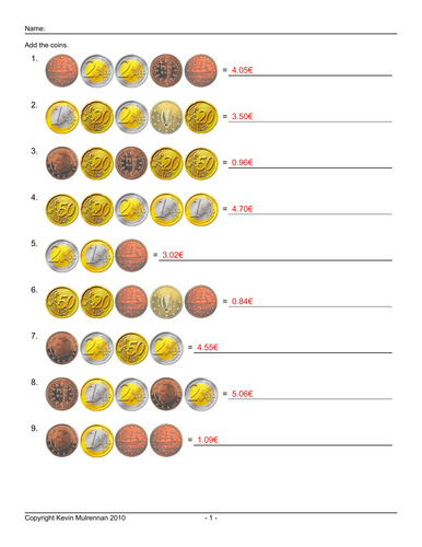 Euro Coins European Worksheets 500 Questions Mathematics Counting KS1 ...