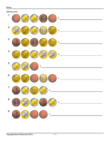 Euro Coins European Worksheets 500 Questions Mathematics Counting KS1 ...